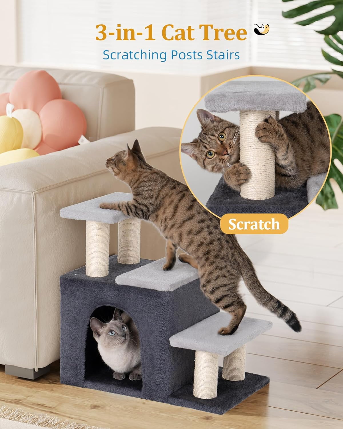 3-in-1 Pet Stairs for Cats, Dog Steps for Small Doggie, 6.29''Depth Cat ...