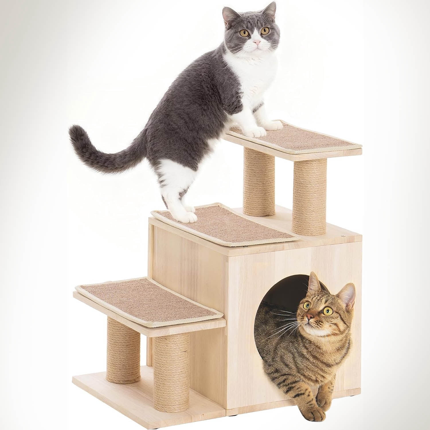3-in-1 Pet Stairs for Cats, Wood Cat Stairs for High Bed and Sofa ...
