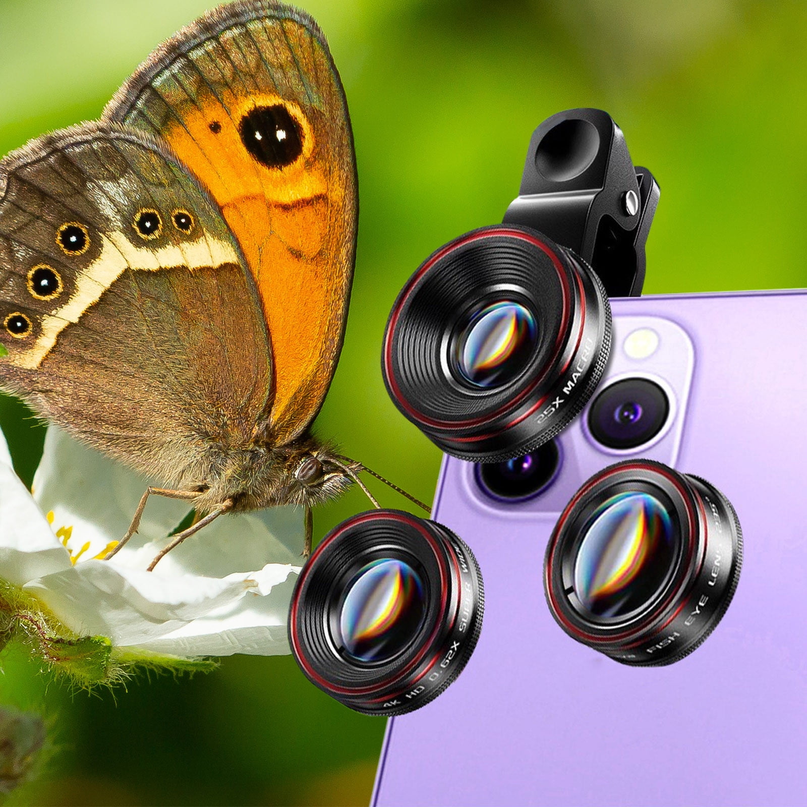 3-in-1 Phone Camera Lens Kit - 25X Macro + 0.62X Wide Angle + 235° Fisheye, 4K HD Clip-On Mobile ...