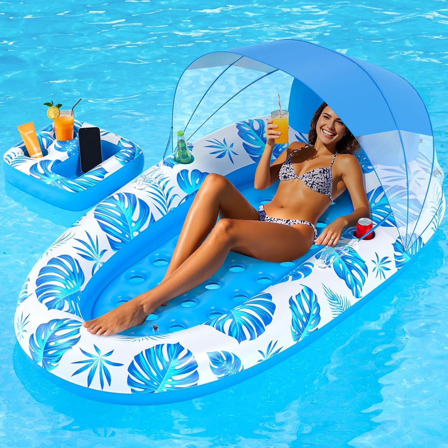3-in-1 Pool Float for Adults with Canopy & Cup Holder, Extra Large Inflatable Pool Lounger ...