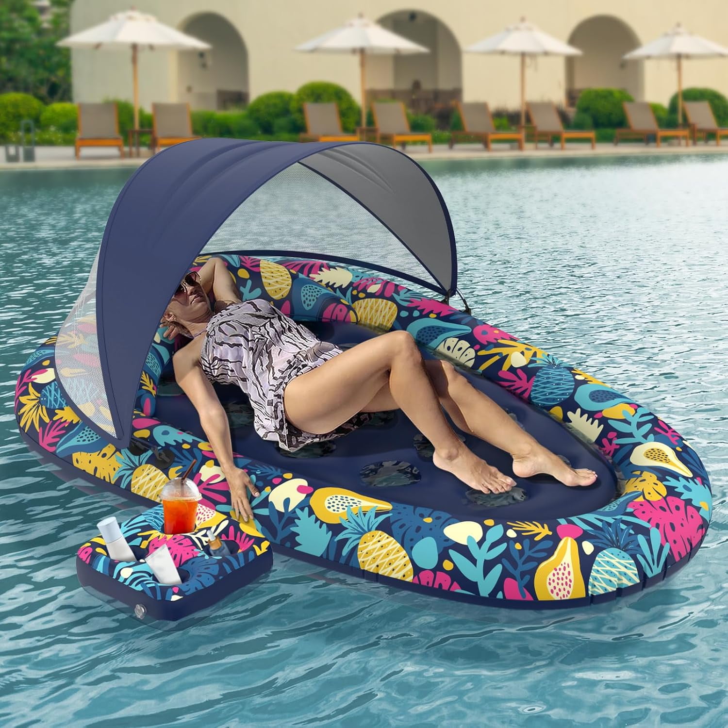3-in-1 Pool Floats with Canopy and Cup Holder, 73" x 48" Inflatable Pool Floats for Adults ...