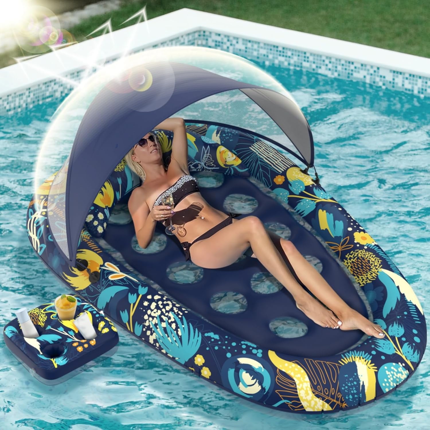 3-in-1 Pool Floats with Canopy Cup Holder, XL Large 73" x 48" Inflatable Pool Floats for Adults ...