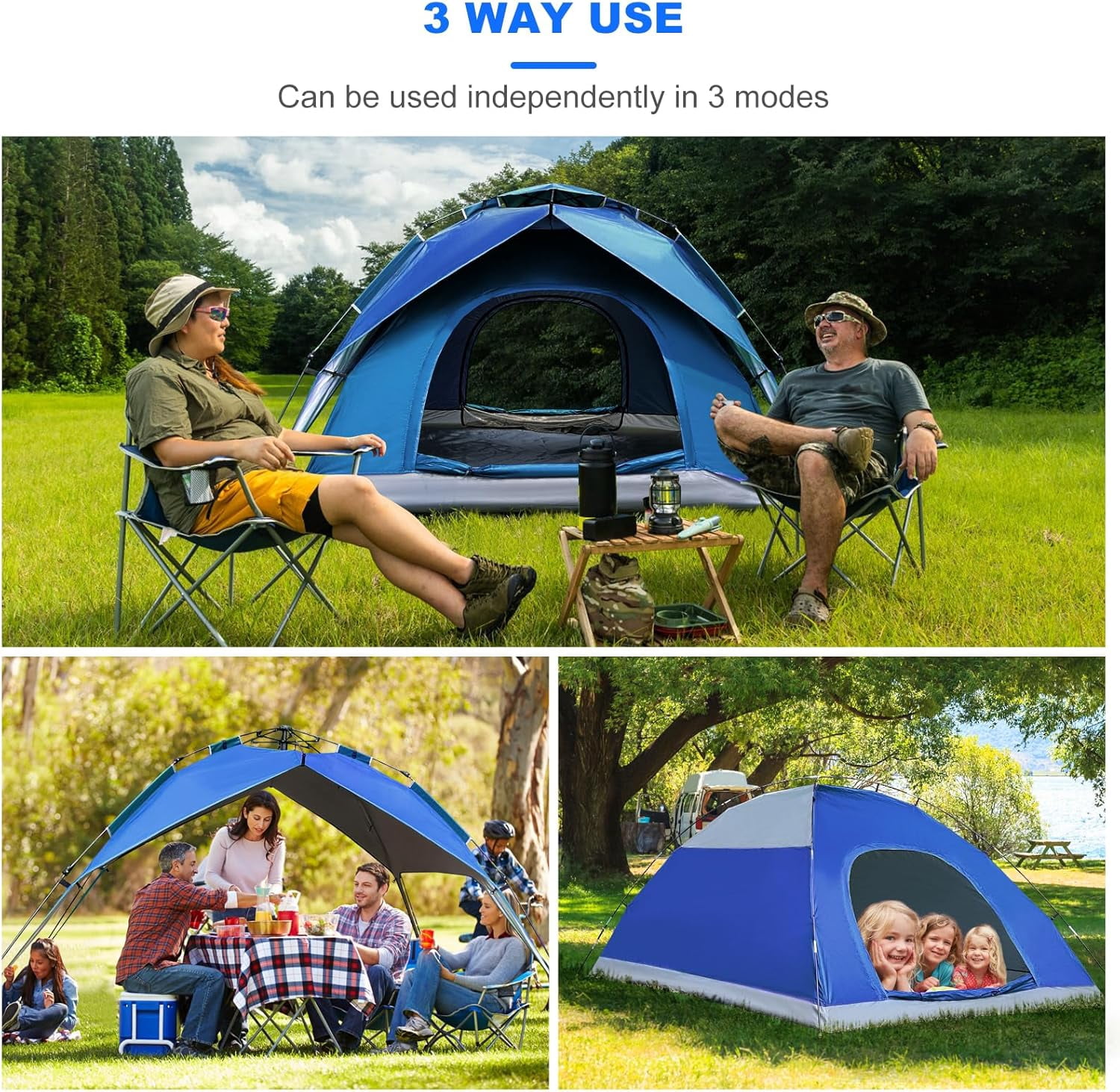 3-in-1 Pop Up Tent - 4 Person Camping Tent, Waterproof Beach Tent with ...