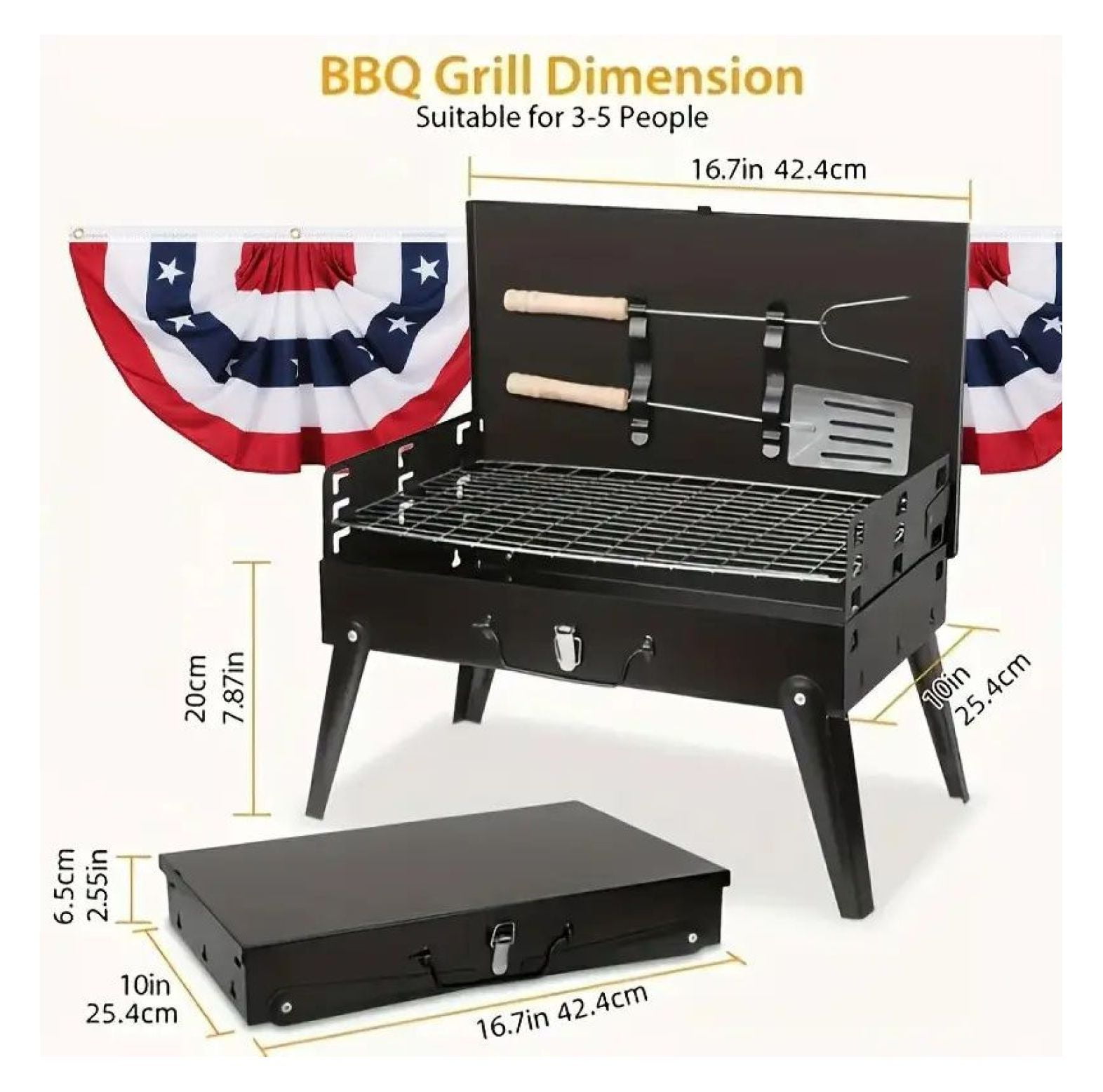 "3-in-1 Portable Charcoal Grill - Lightweight Toolbox Style Foldable BBQ for Camping Tailgating ...