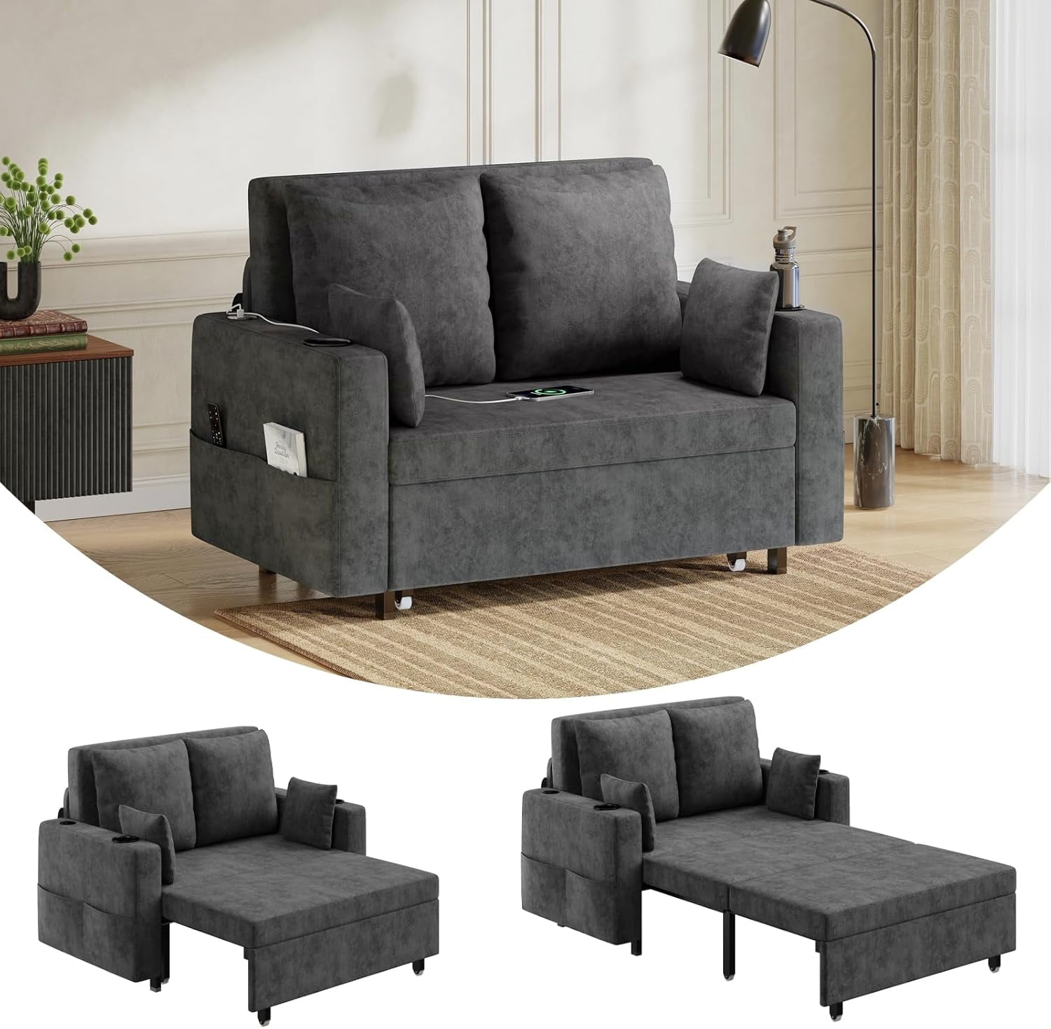 3-in-1 Pull-Out Sofa Couch, 56”Loveseat Sleeper Sofa Bed, Full-Size ...