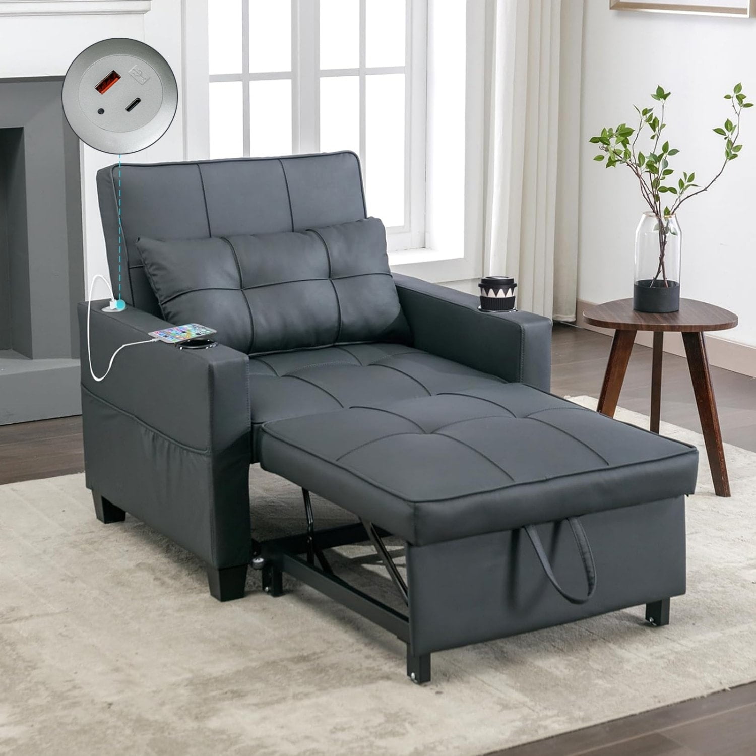 3-in-1 Pull out Convertible Futon Sleeper Armchair Beds with USB Ports ...