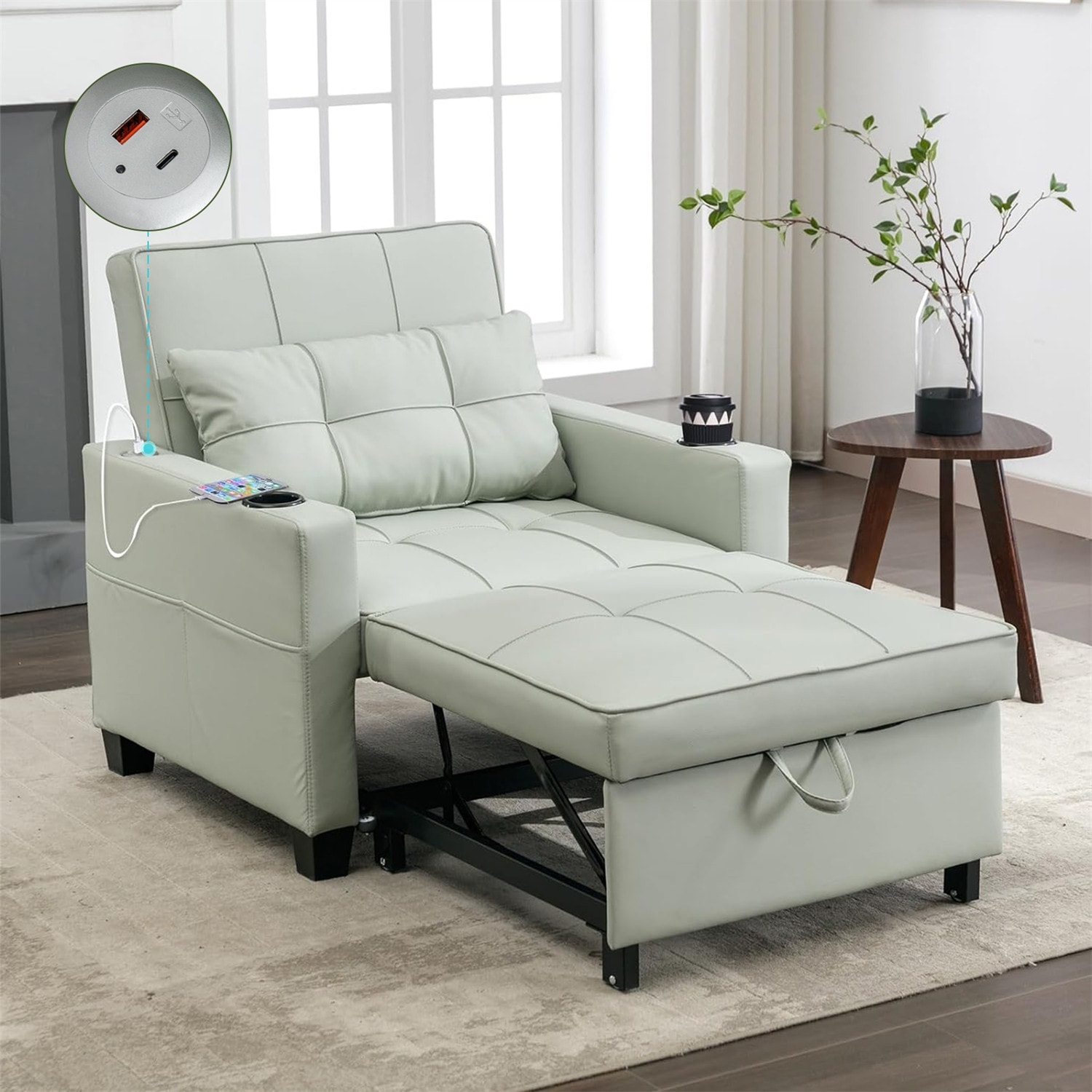 3-in-1 Pull out Convertible Futon Sleeper Armchair Beds with USB Ports ...