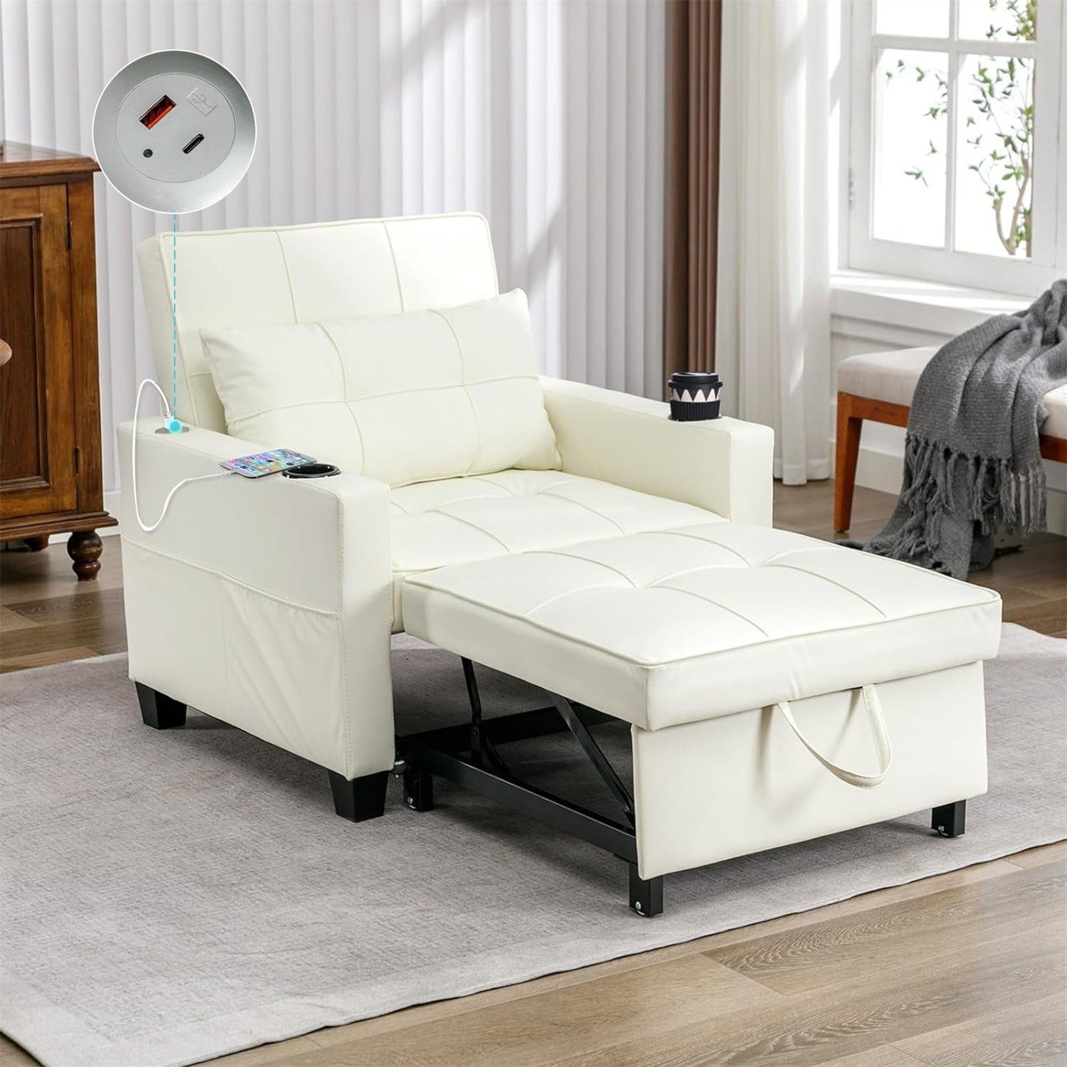 3-in-1 Pull out Convertible Futon Sleeper Armchair Beds with USB Ports ...