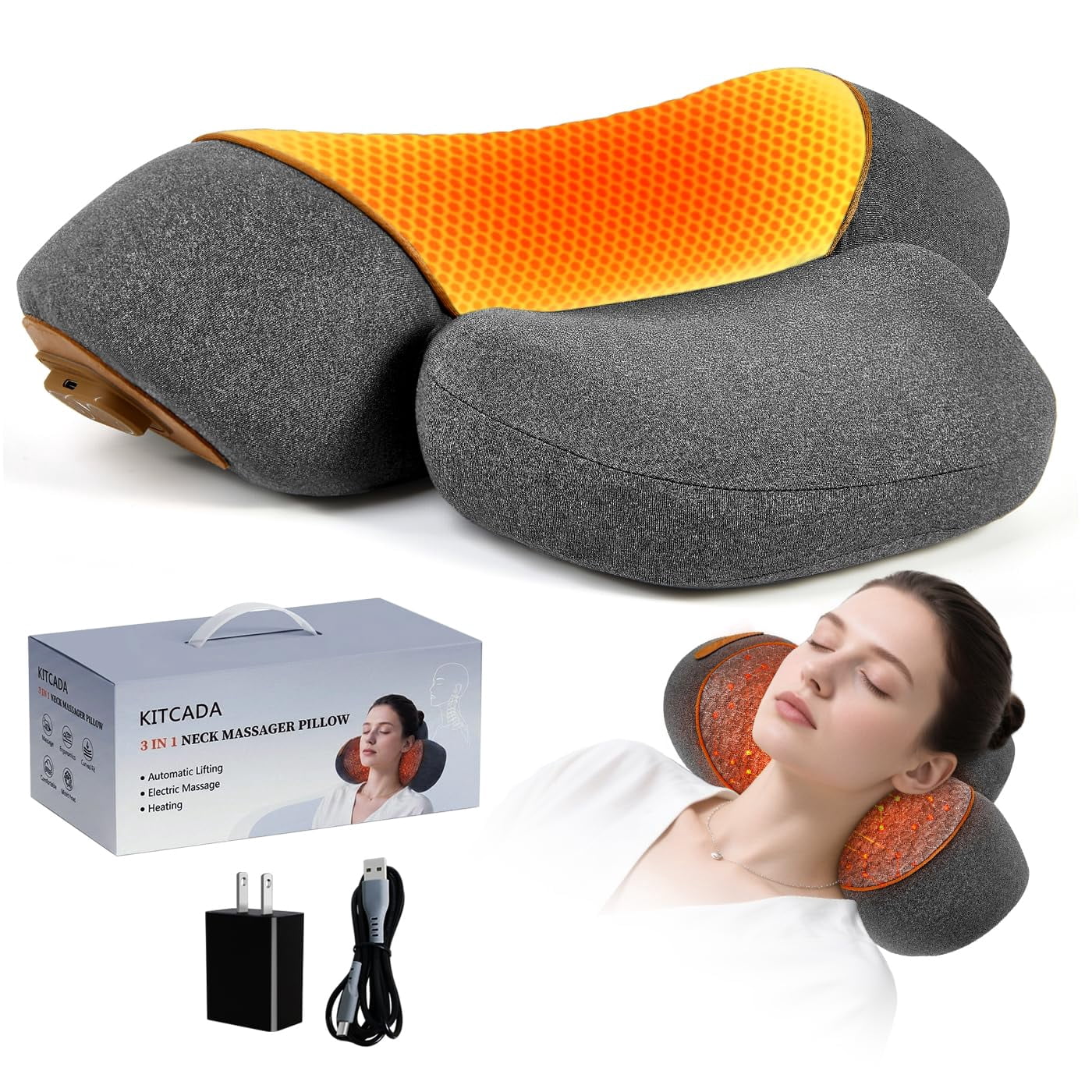 3-in-1 Rechargeable Neck Light Gray Heat Vibration Traction Deep Tissue ...