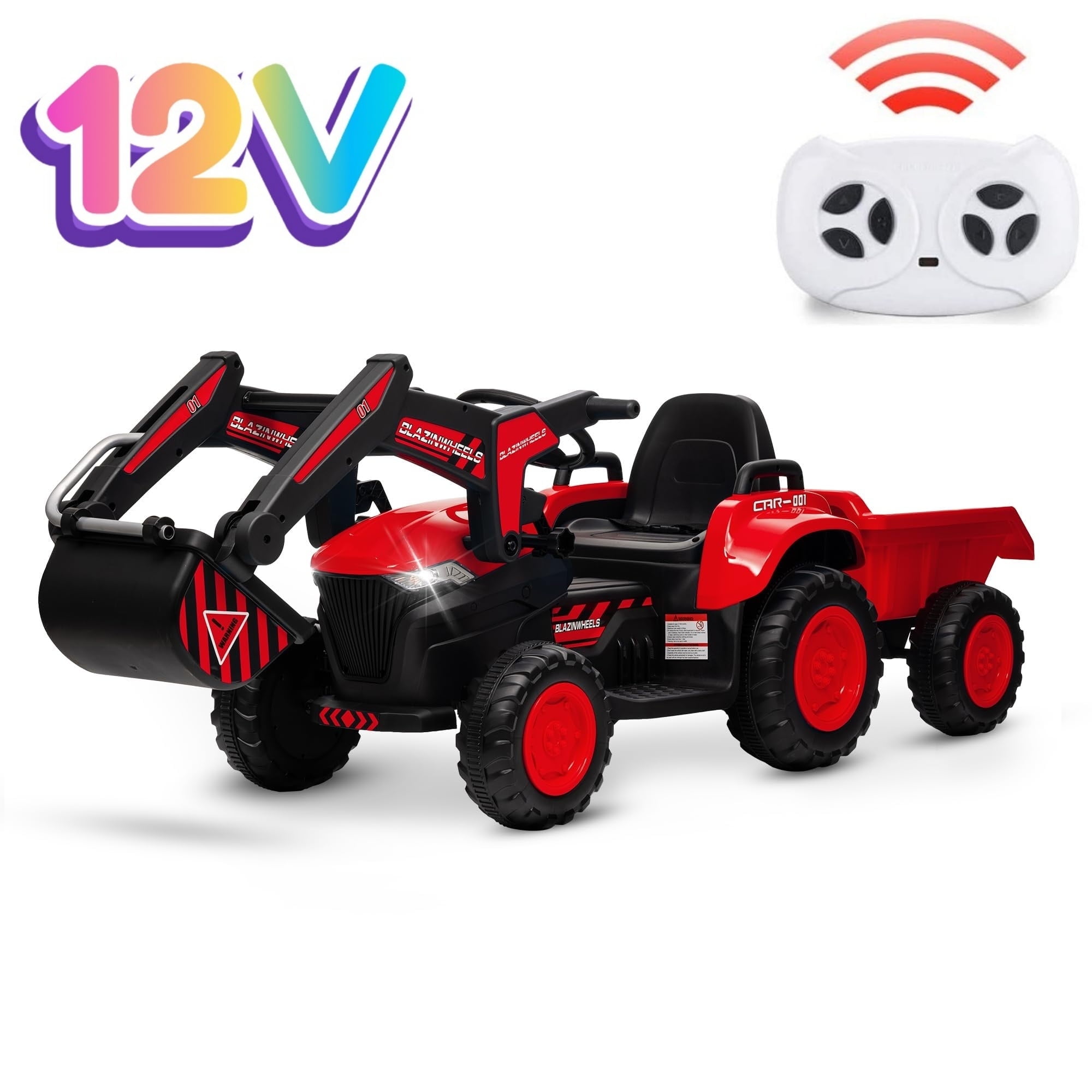3-in-1 Ride-On Kids Excavator with Remote Control, 12V Powered Wheels Car Toy with LED Lights ...