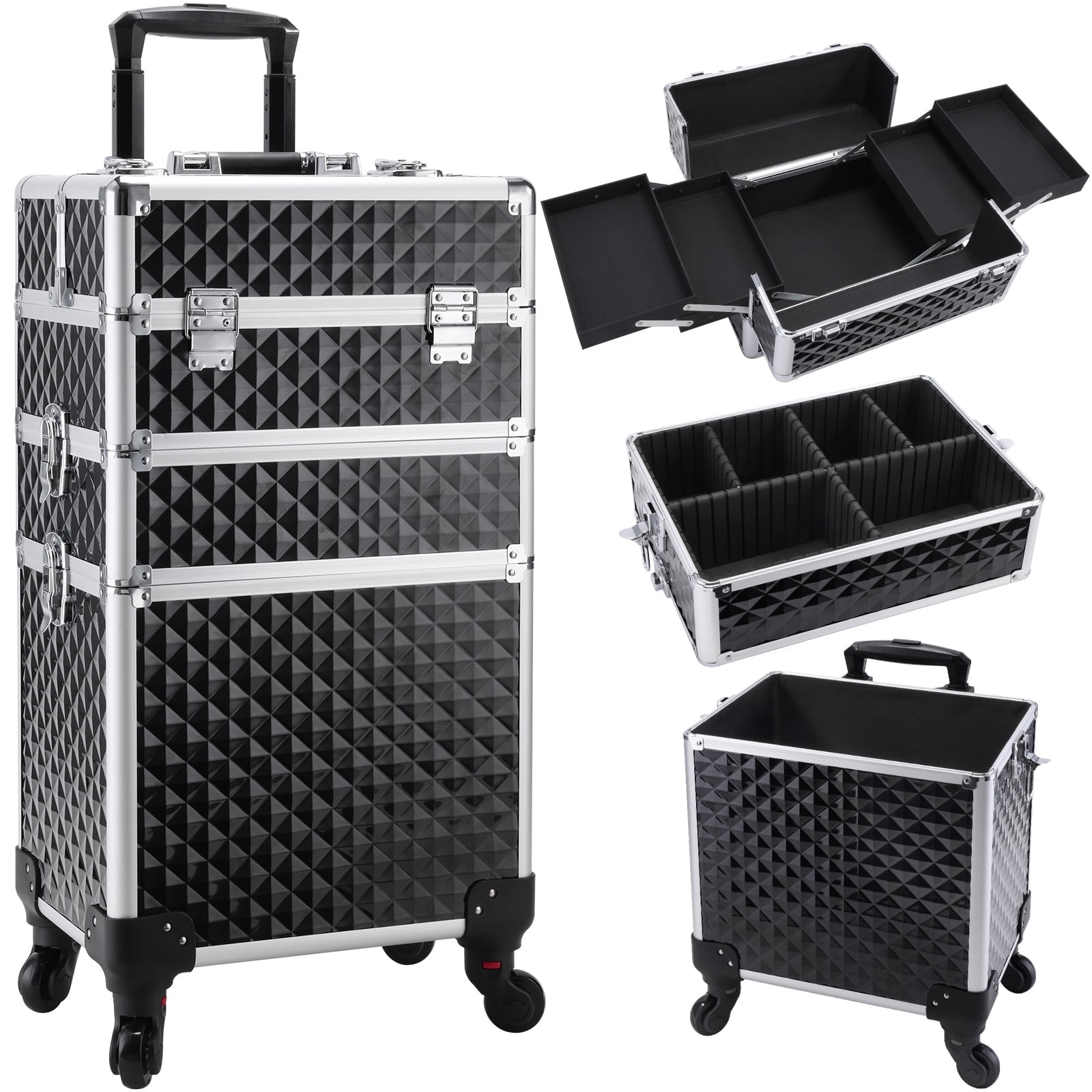 3 in 1 Rolling Makeup Train Case with Locks, Large Cosmetic Trolley Box ...