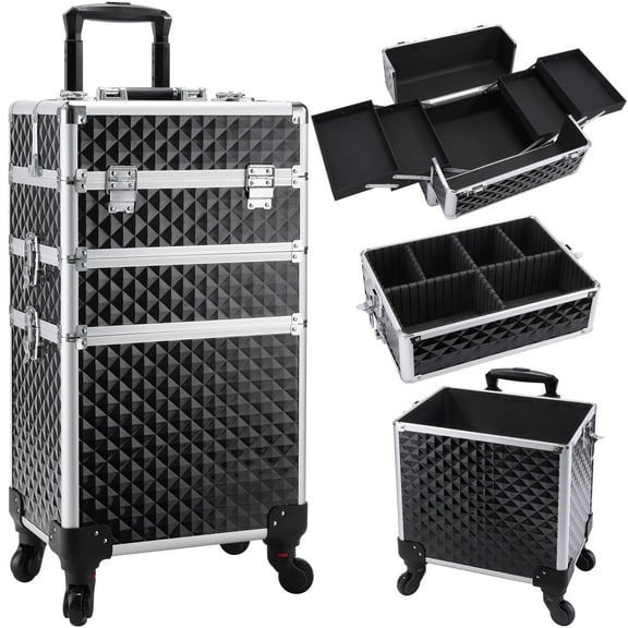 Rolling Makeup Train Case 4 in 1 Cosmetology Case on Wheels Large ...