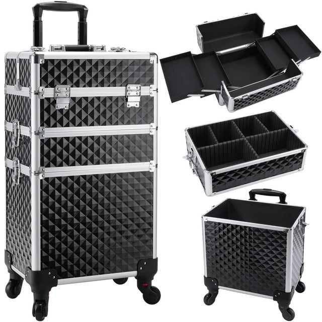 3 in 1 Rolling Makeup Train Case with Locks, Large Cosmetic Trolley Box ...