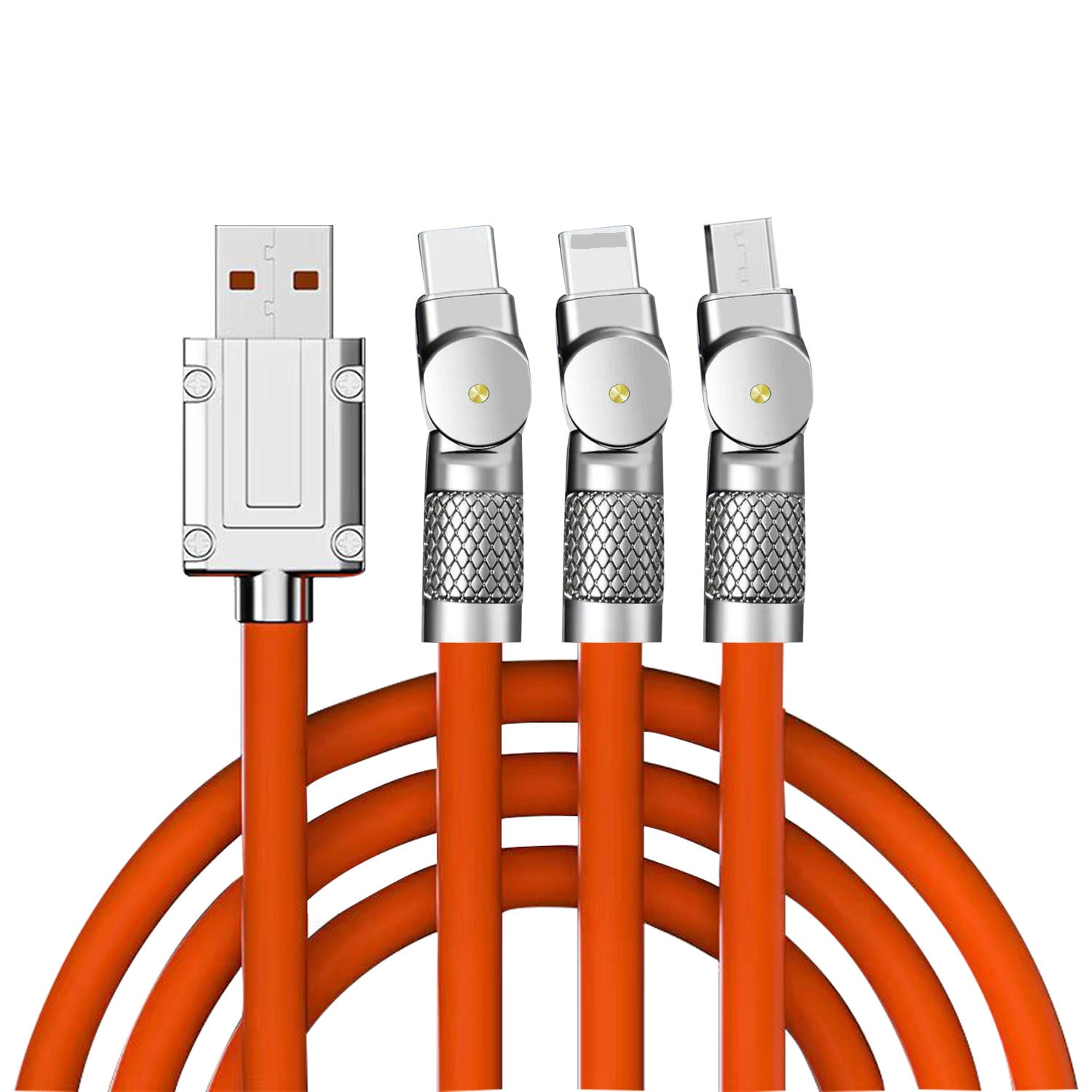 3-in-1 Rotating Charging Cable, 4ft Orange Silicone USB Cable with Type ...