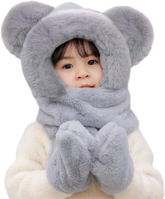 3-in-1 Scarf Gloves Hats Set Multi-Functional Cap for Kids - Faux Fur ...