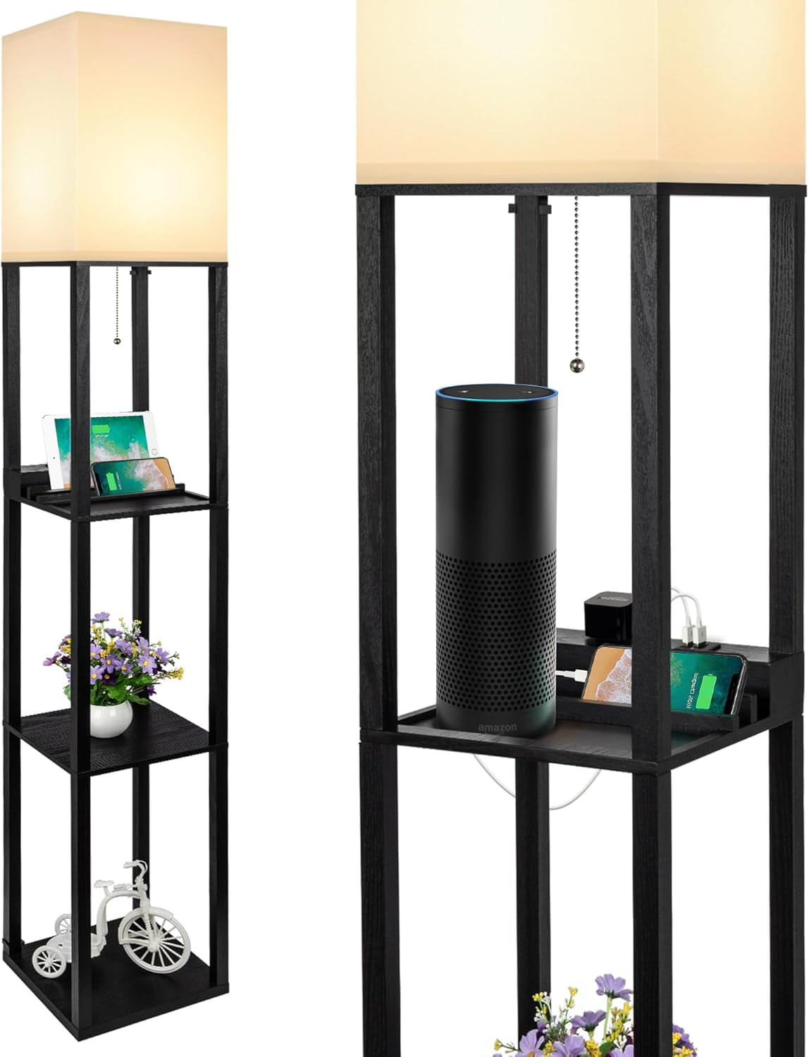3-in-1 Shelf Floor Lamp with 1 USB&Type C&1 AC Outlet, 3-Tiered LED ...