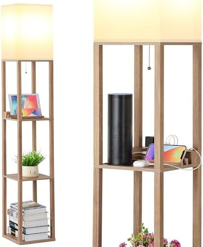 3-in-1 Shelf Floor Lamp with 1 USB&Type C&1 AC Outlet, 3-Tiered LED ...
