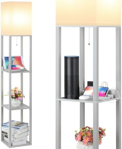 3-in-1 Shelf Floor Lamp with 1 USB&Type C&1 AC Outlet, 3-Tiered LED ...