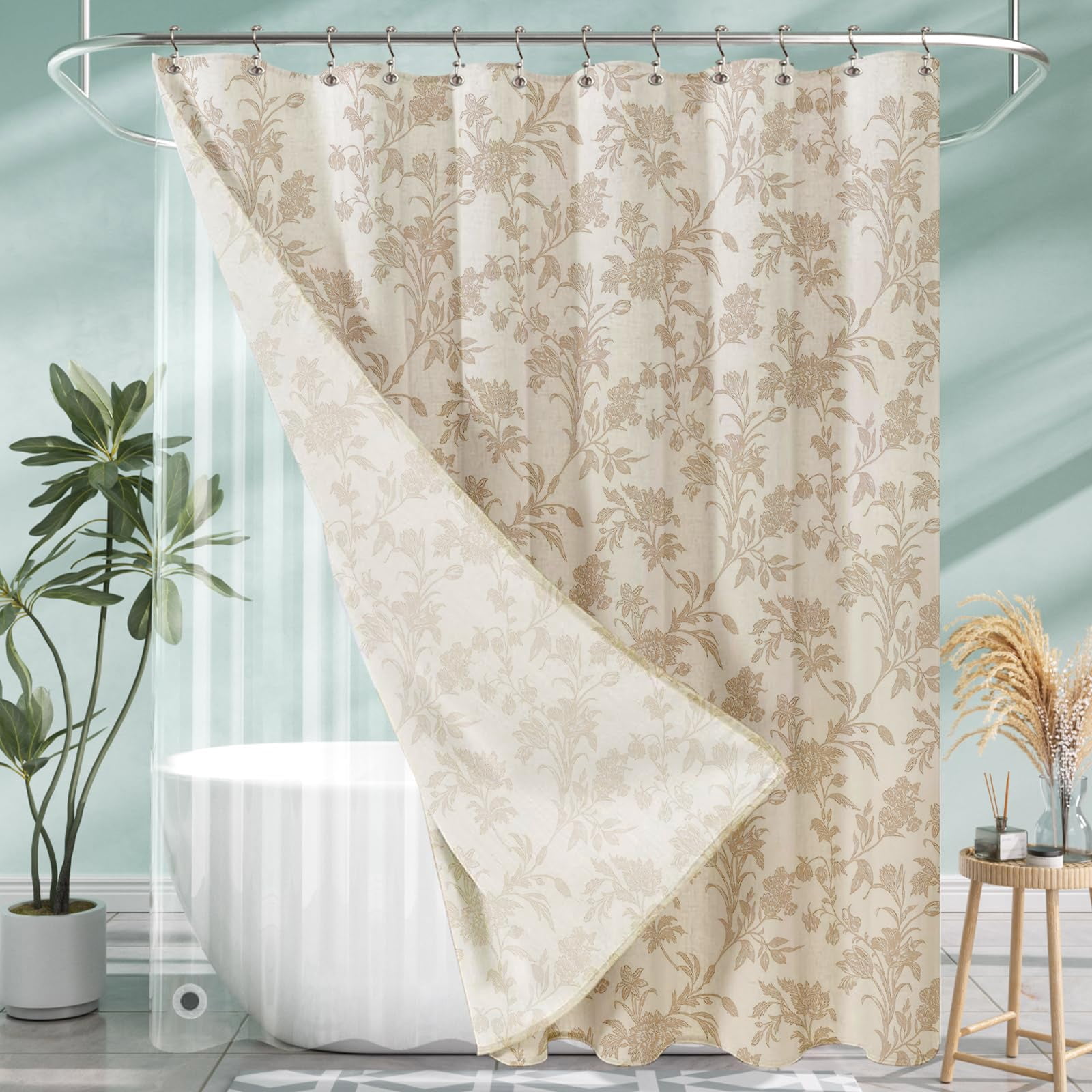 3 in 1 Shower Curtain with Liner and Hooks Beige Floral Cotton Linen ...