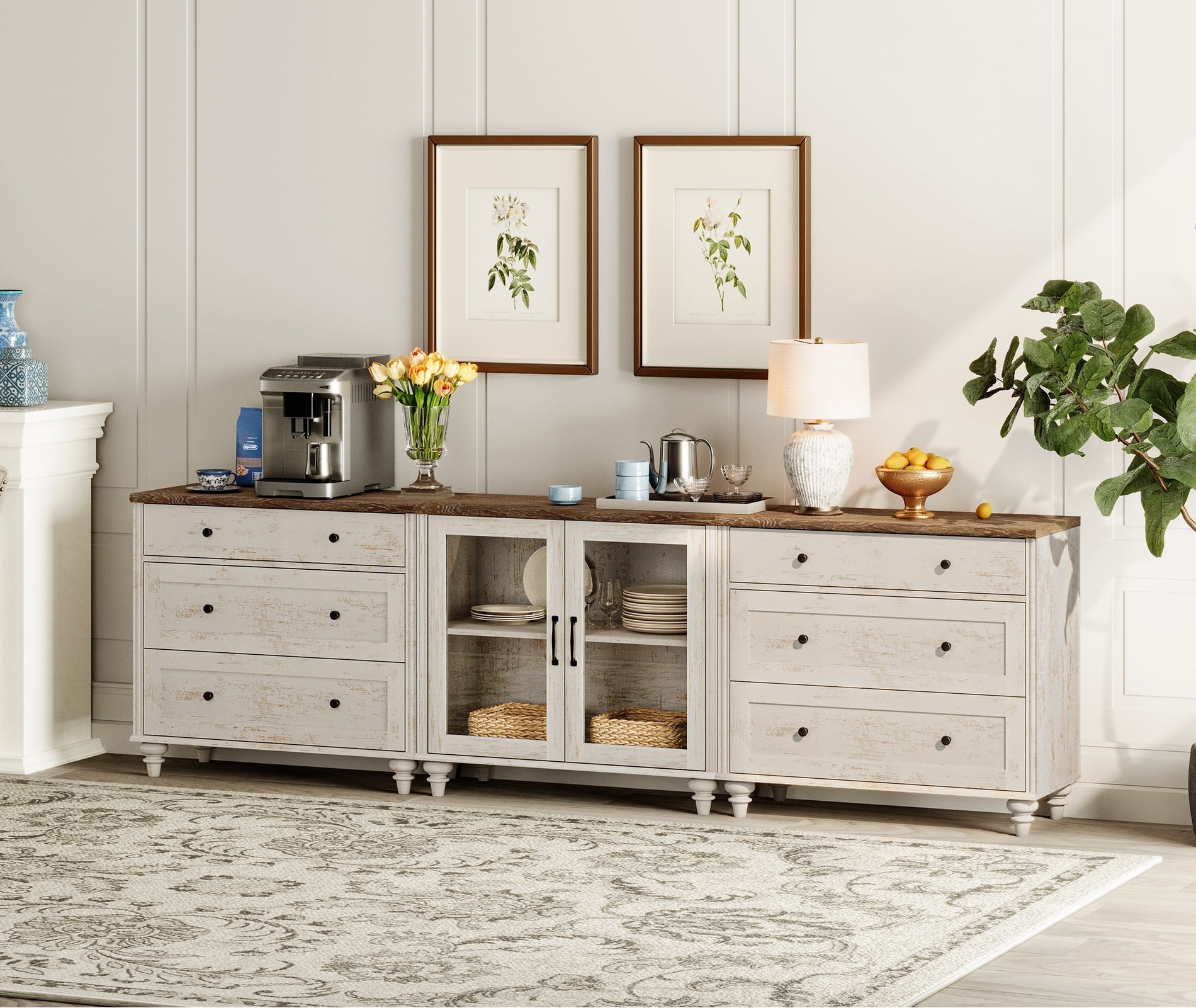 Farmhouse Sideboard Buffet Cabinets with Glass Doors, Wooden Coffee Bar ...