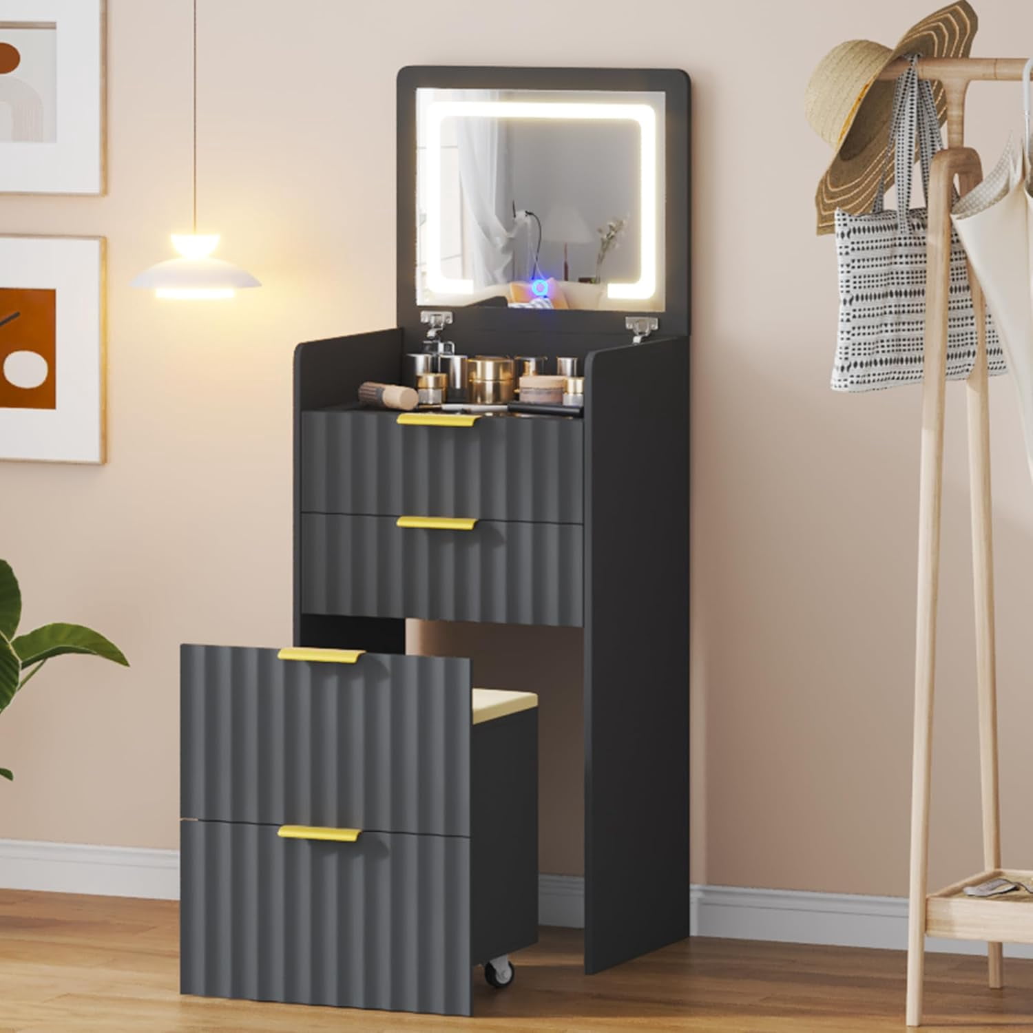3-in-1 Small Vanity Desk with Flip Top Mirror and Lights,Fluted Compact ...