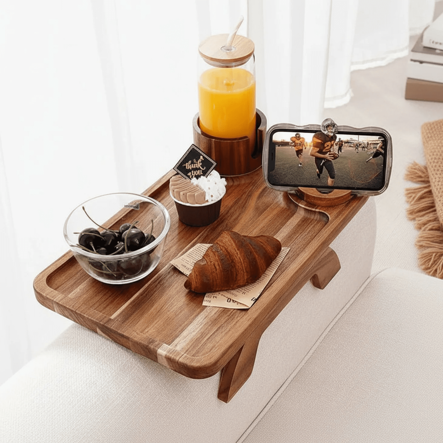 3-in-1 Sofa Armrest Tray with Rotating Cup Holder & Phone Stand – Clip ...