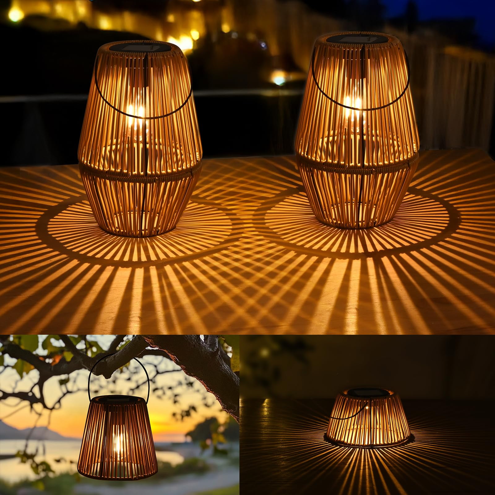 3-in-1 Solar Lanterns Outdoor Waterproof Rattan Woven Hanging Solar ...