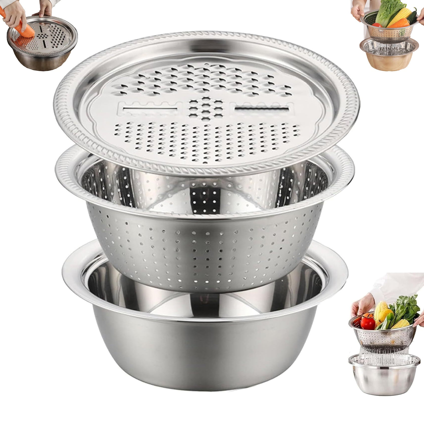 3-in-1 Stainless Steel Basin Set Mixing Bowl, Strainer & Lid ...