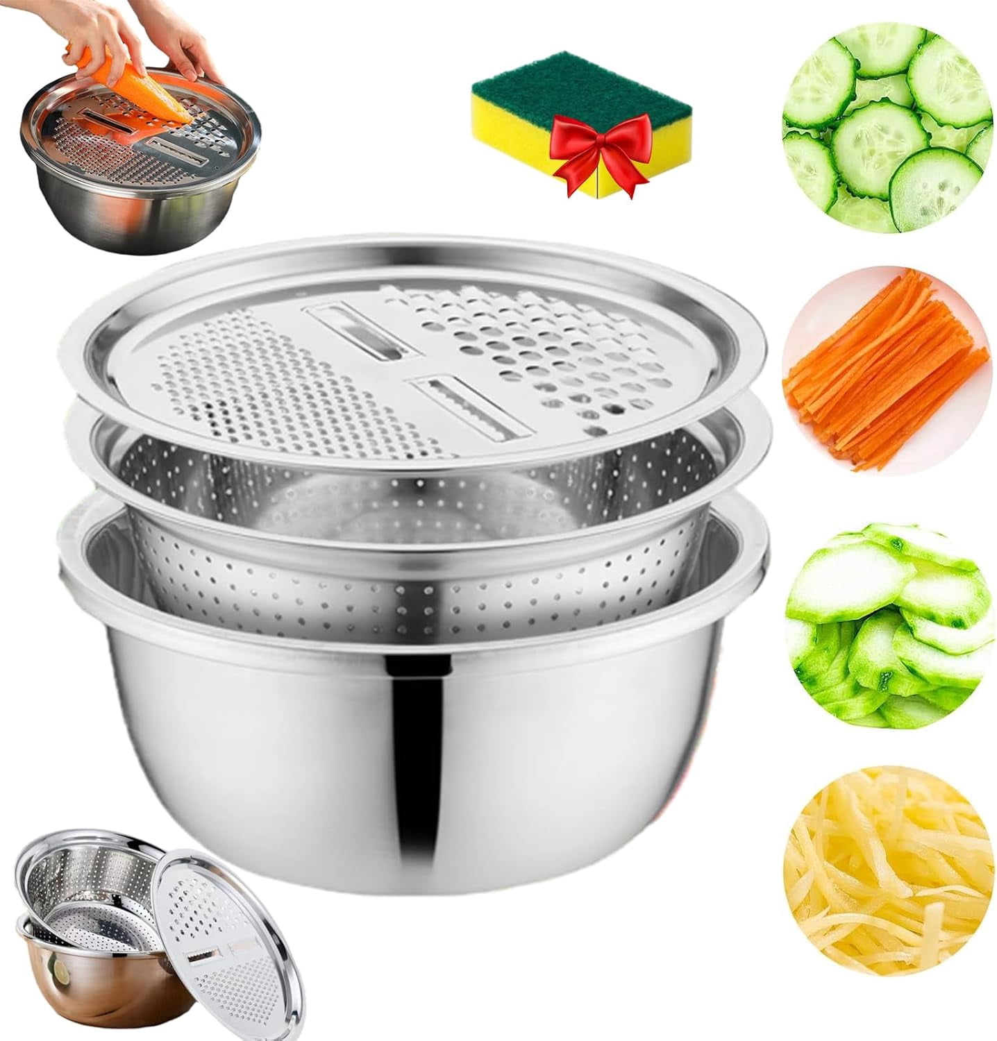 3-in-1 Stainless Steel Grater Bowl with Grater, Strainer, Drain Basket ...