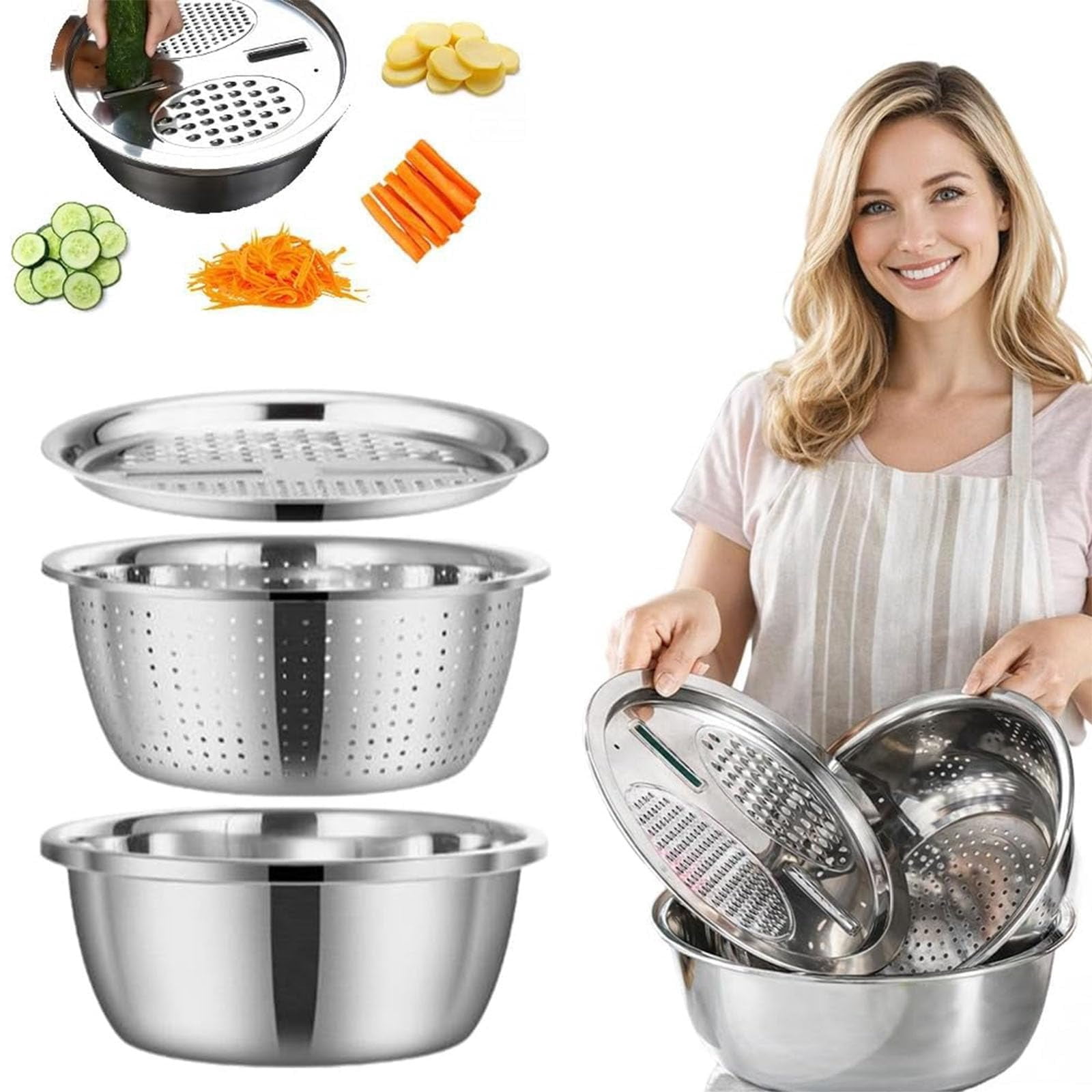 3 in 1 Stainless Steel Grater Shredder Slicer with Colander & Drain ...