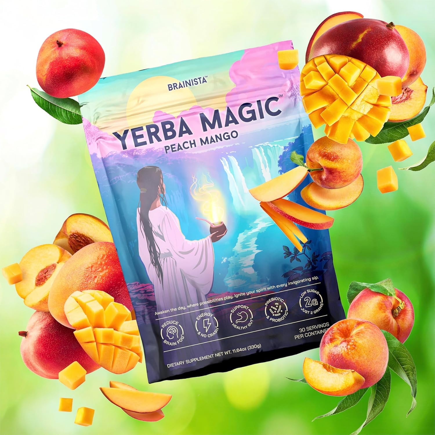 3-in-1 Super Drink Yerba Magic Peach Mango 30 Servings Clean Energy, Brain Fog Buster, and Gut ...