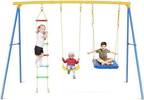 3 in 1 Swing Sets for Backyard - 550lbs Heavy Duty Metal Kids Swing Set ...