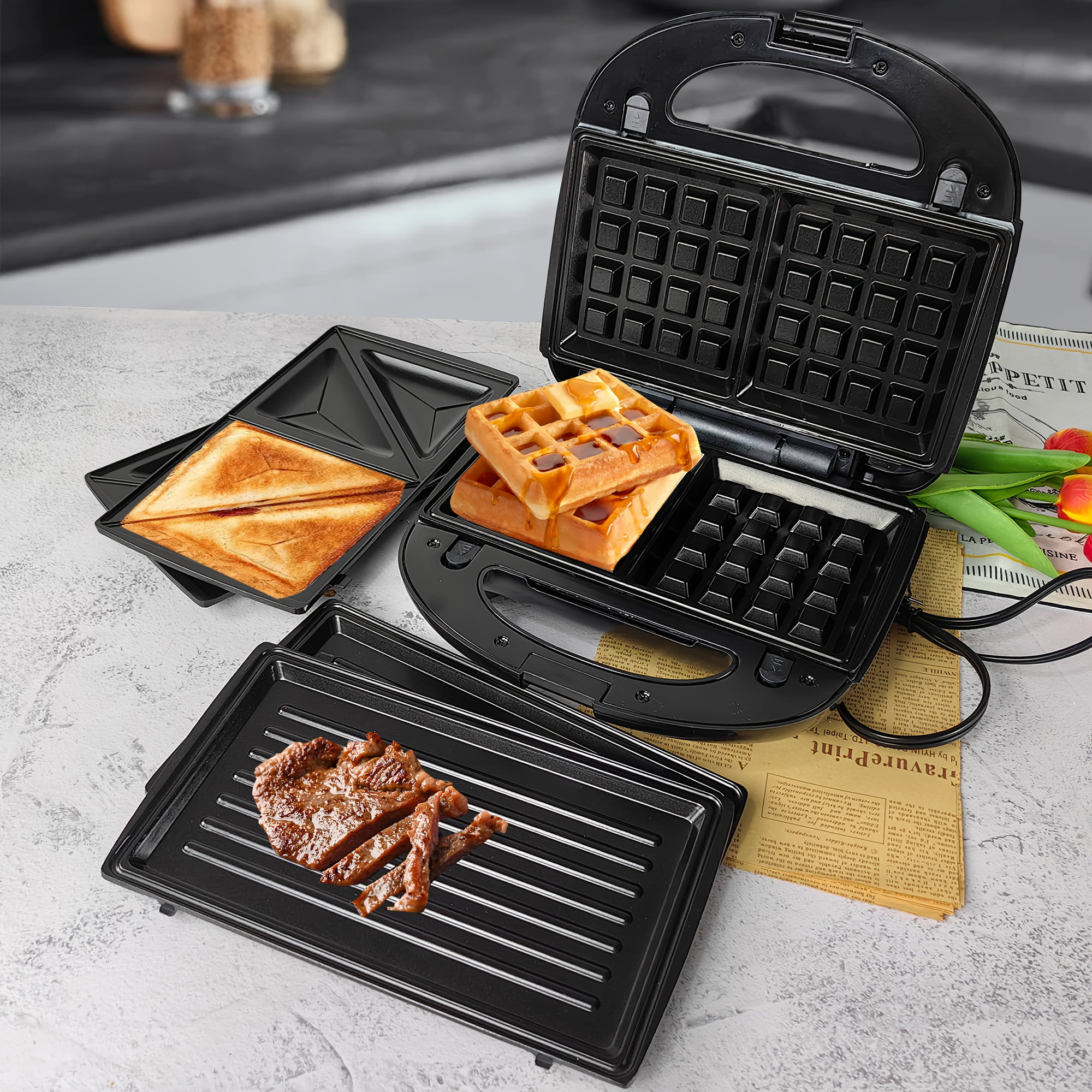 3-in-1 Toaster, Sandwich Maker & Waffle Grill - Dual-Sided Heating ...