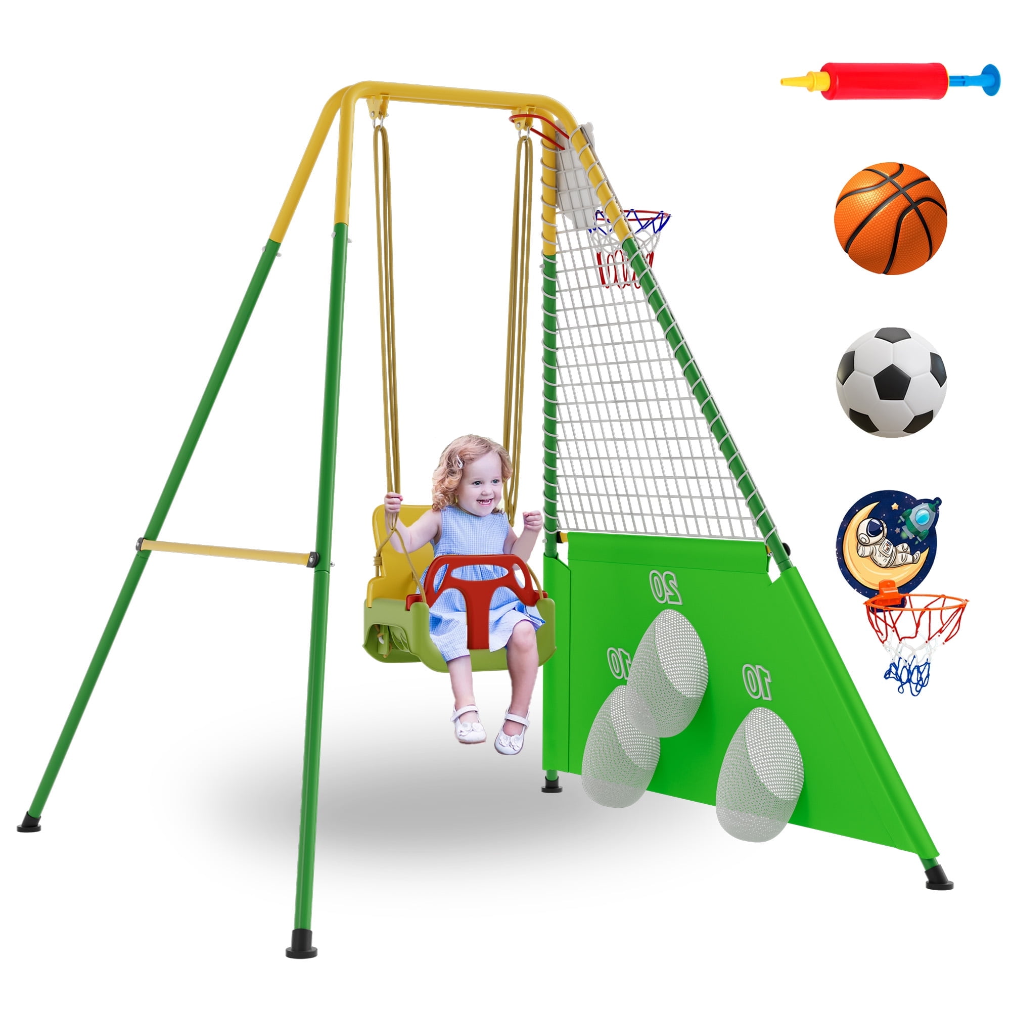 3-in-1 Toddler Swing Set with Basketball Hoop and Soccer Goals , Indoor ...