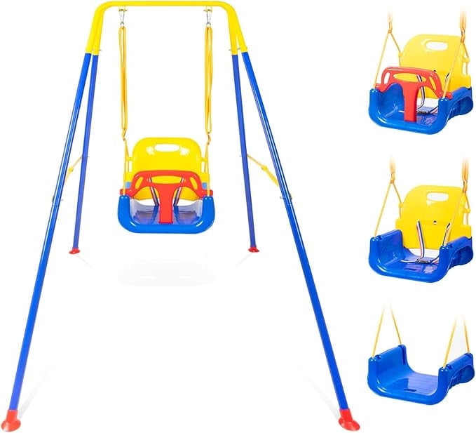 3-in-1 Toddler Swing Set with Foldable Metal Stand, Indoor Outdoor ...