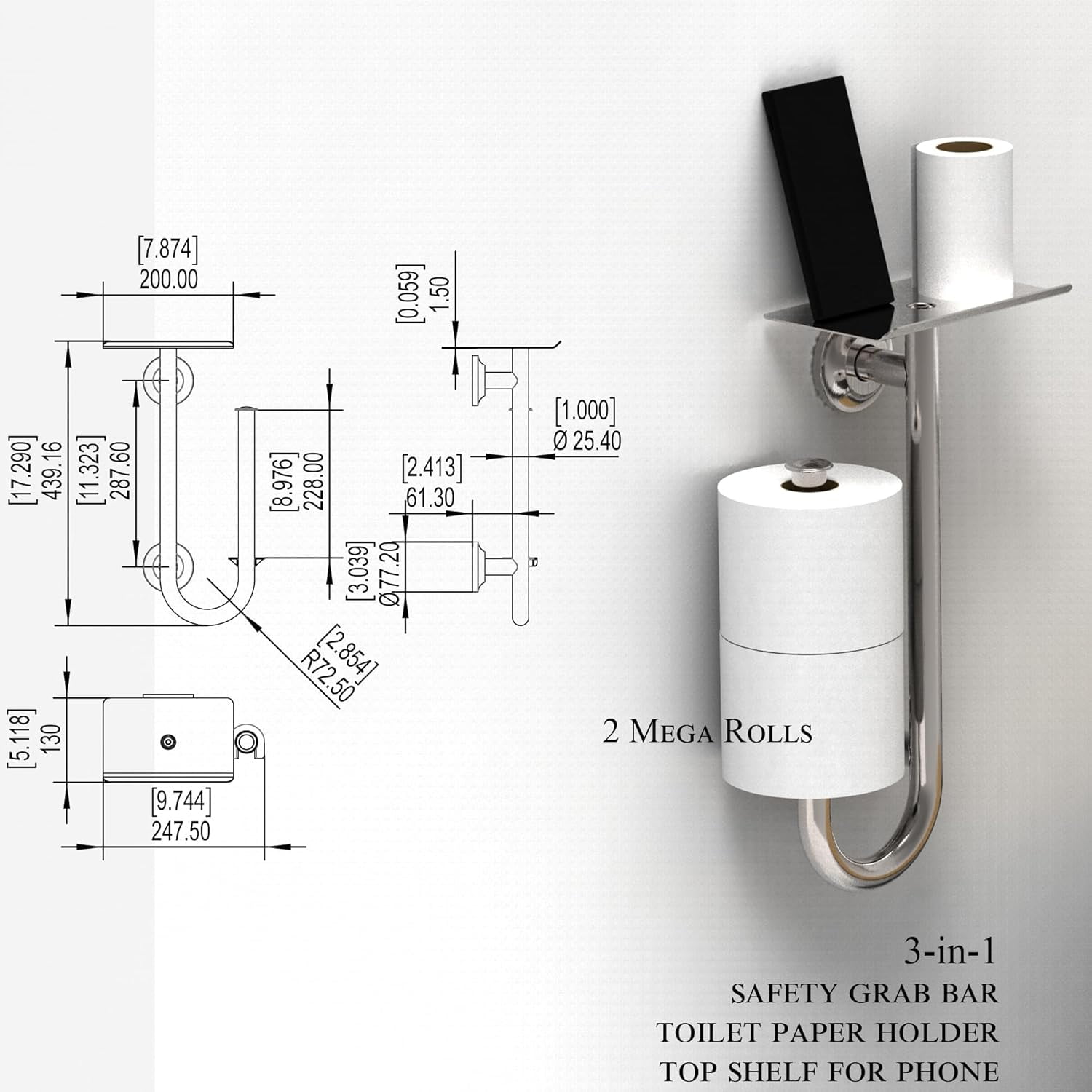 3-in-1 Toilet Safety Grab Bar with Built-in Tissue Paper Holder and ...