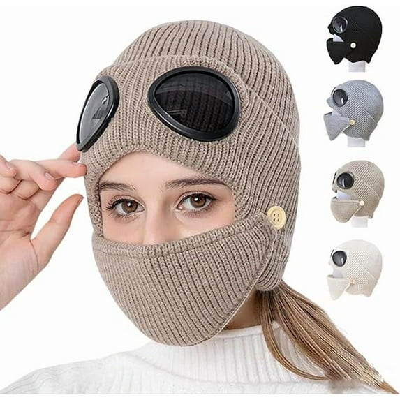 3-in-1 Unisex Knitted Goggles Beanie, Beanie with Goggles, with Face ...