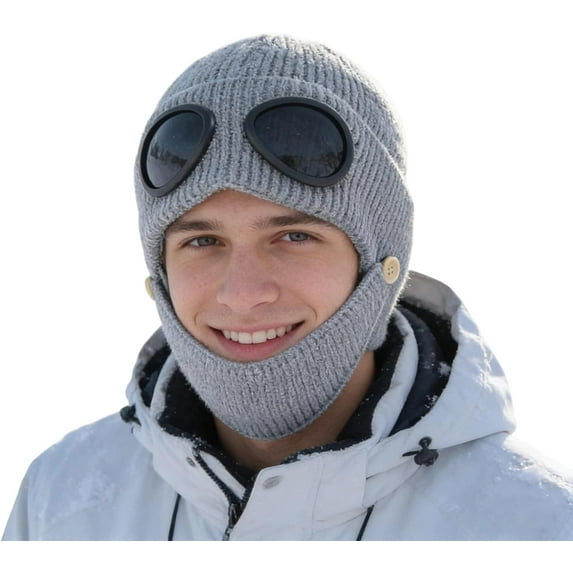 3-in-1 Unisex Knitted Goggles Beanie - Ski Mask with Built-in Goggles ...