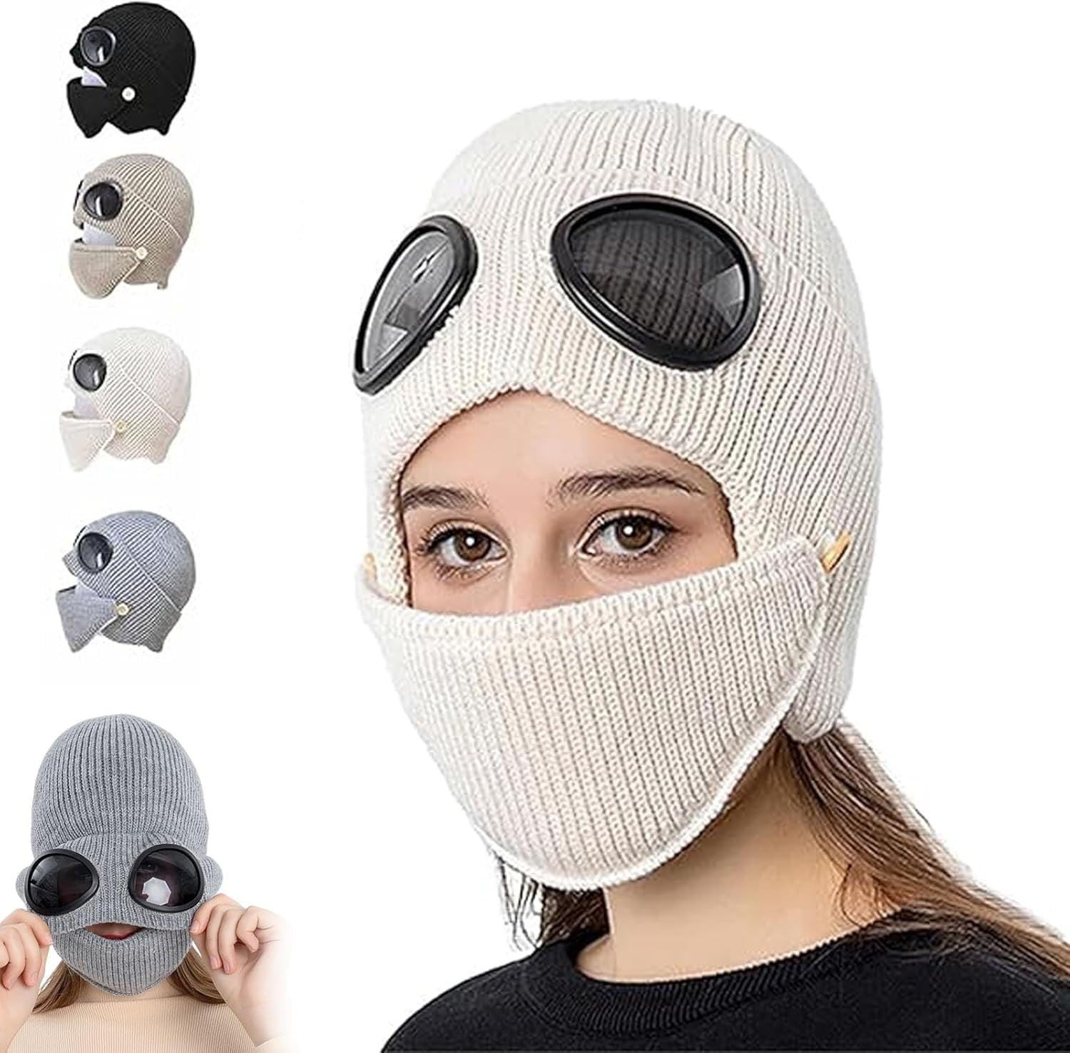 3-in-1 Unisex Knitted Goggles Beanie, Ski Mask with Goggles Built in ...