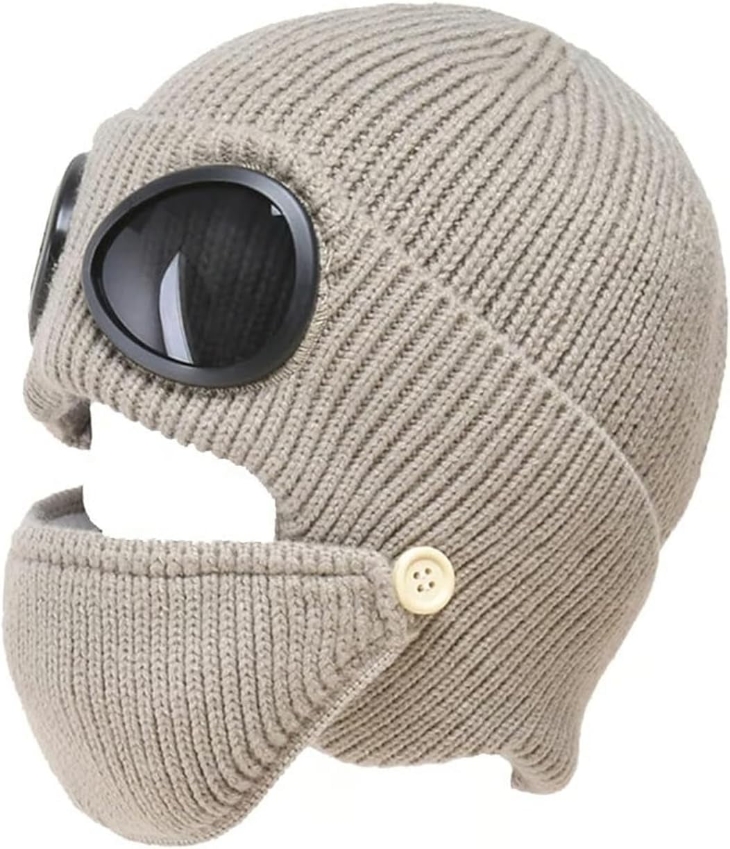 3-in-1 Unisex Knitted Goggles Beanie, Unisex Winter Ski Hat with ...