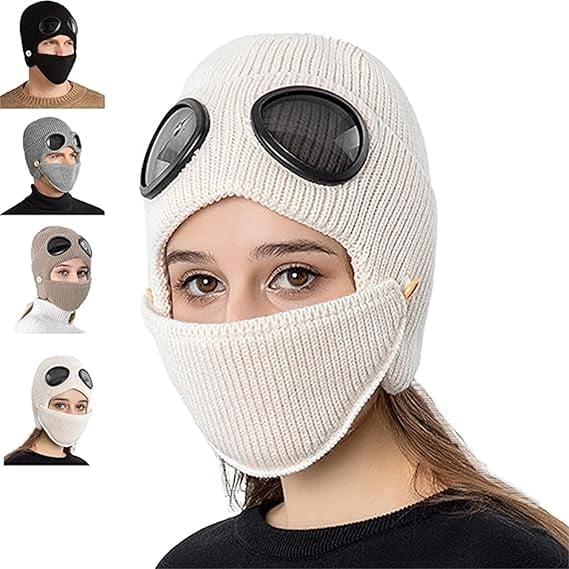 3 in 1 Unisex Knitted Goggles Beanie Winter Hat, Warm Aviator Beanie ...