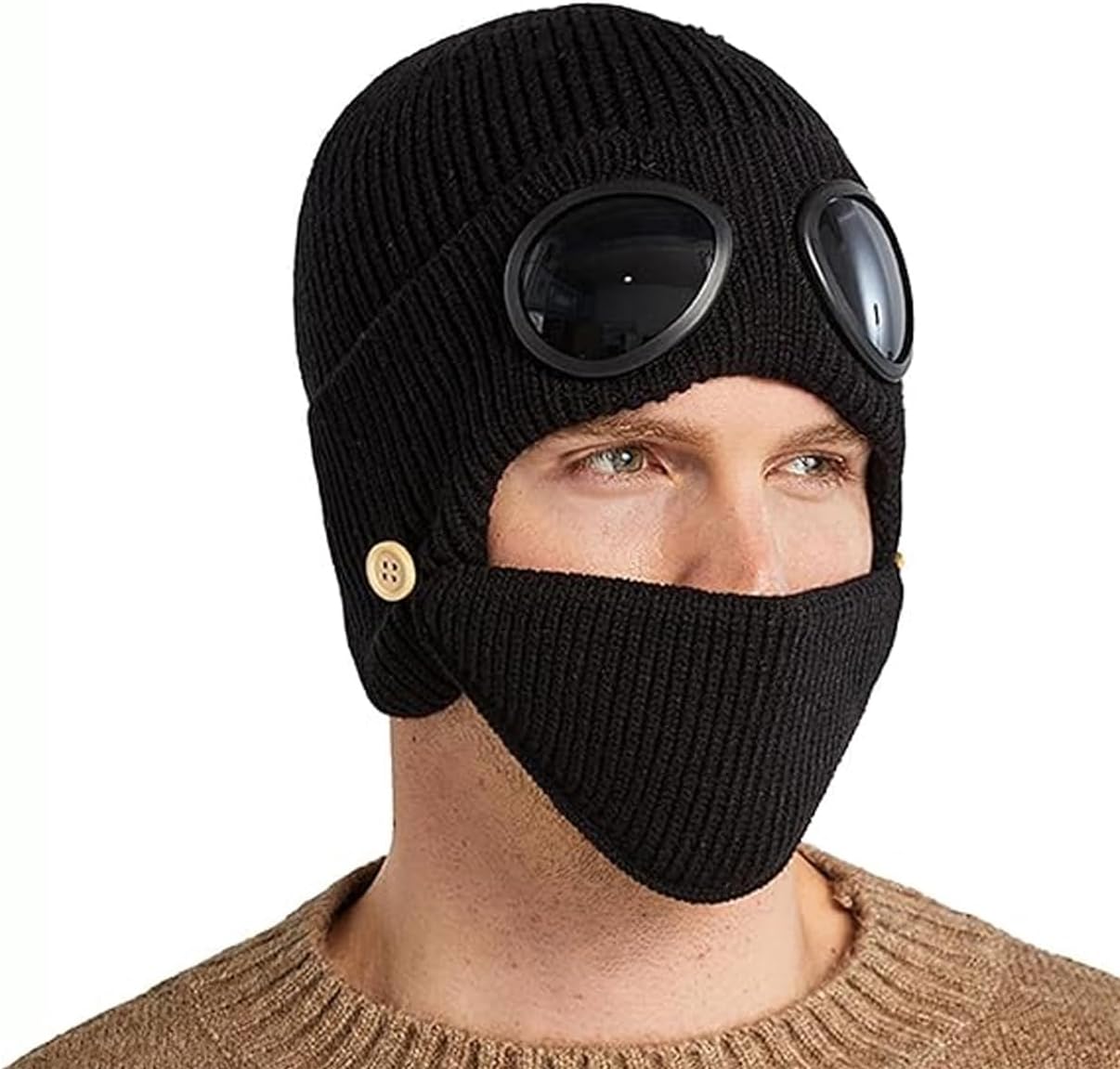 3-in-1 Unisex Knitted Goggles Beanie with Goggles and Face Mask ...