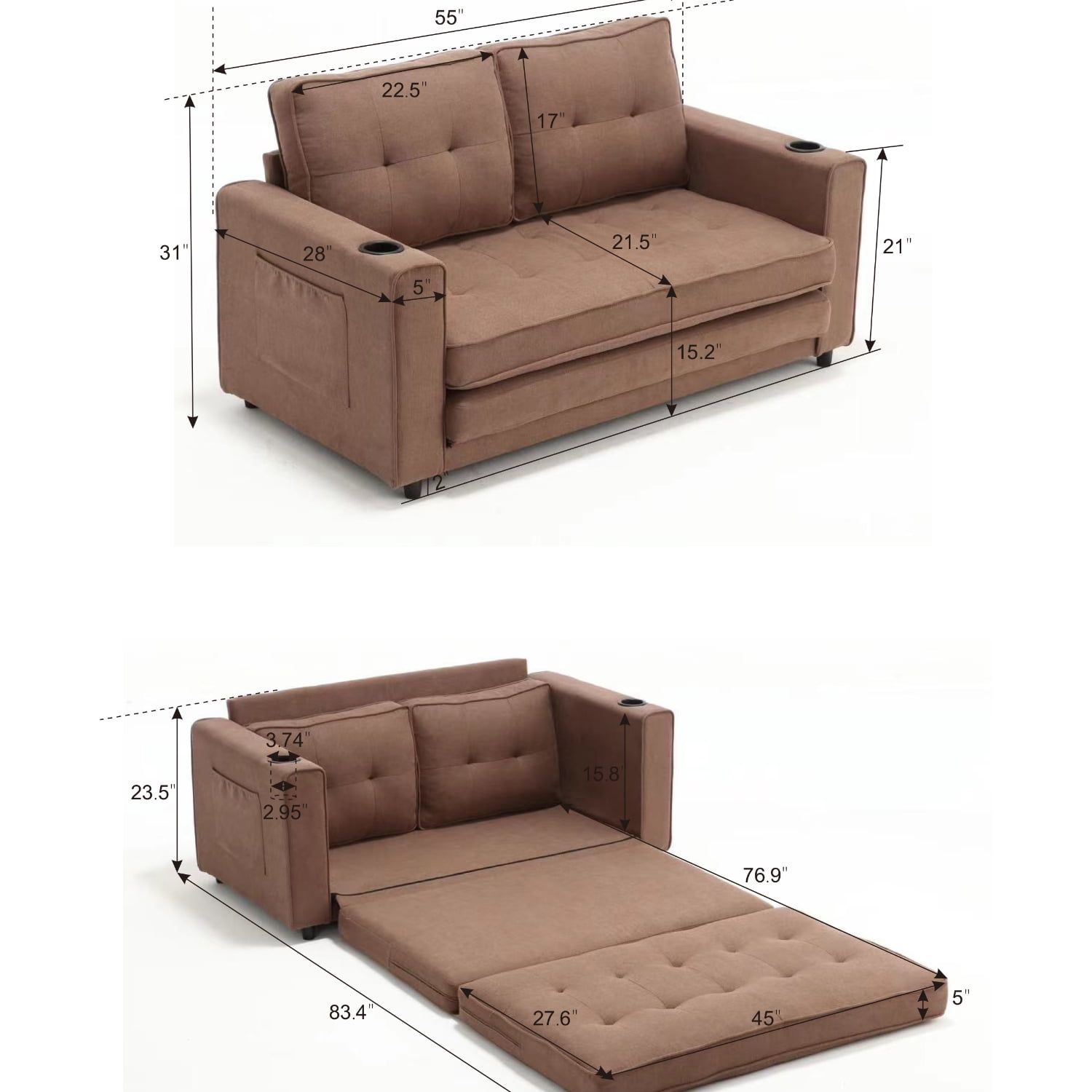3-in-1 Upholstered Futon Sofa Convertible Floor Sofa bed,Foldable ...