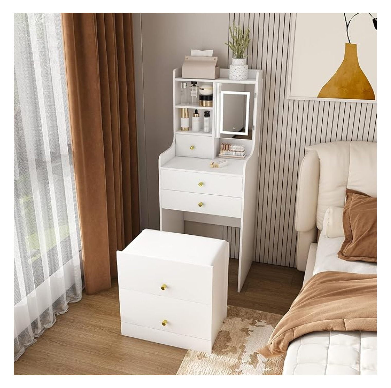 3-in-1 Vanity Desk with LED Mirror & Chair, Multifunctional Dressing ...