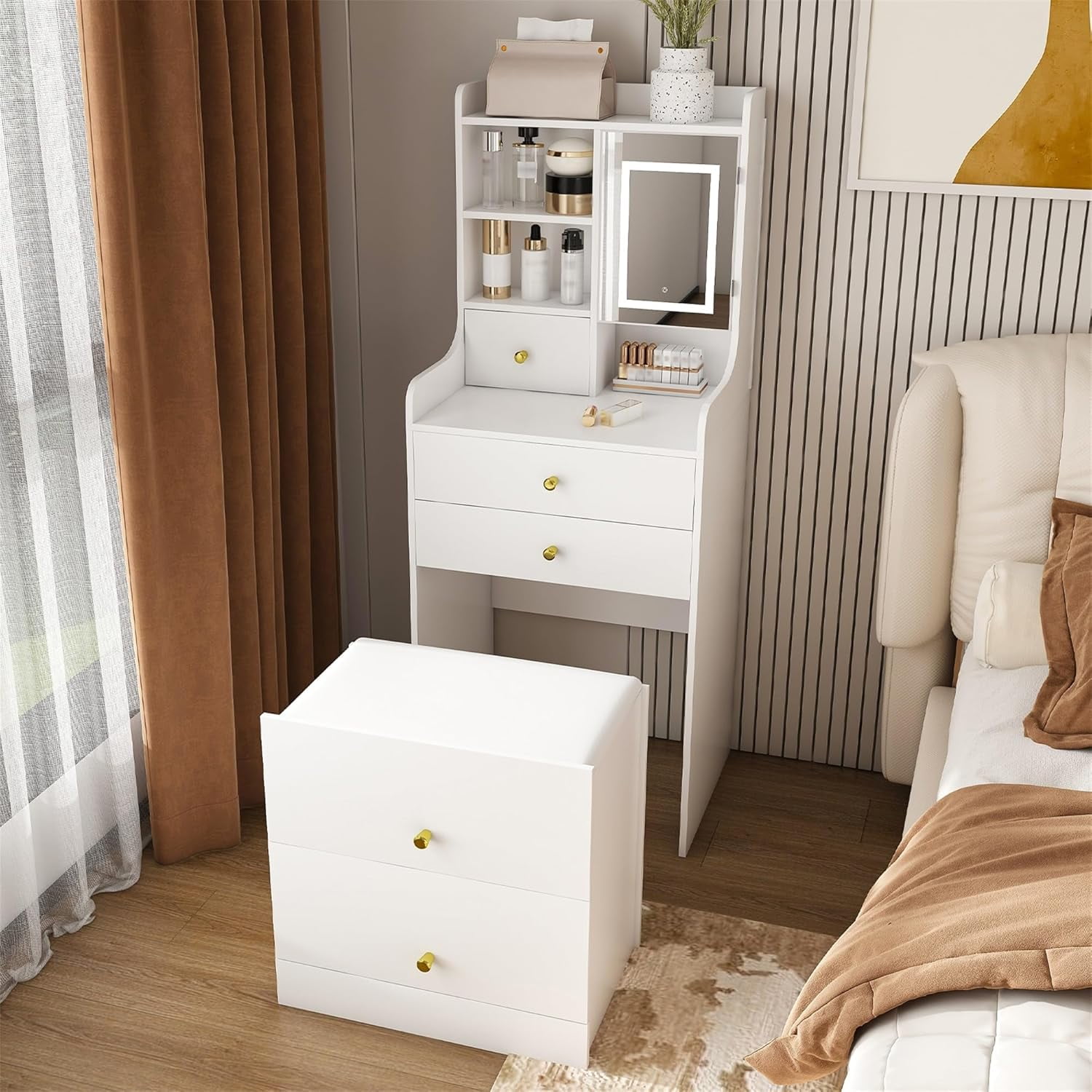 3-in-1 Vanity Desk with LED Mirror and Lights, Compact Makeup Vanity ...