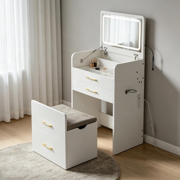 3-in-1 Vanity Desk with Built-in Charging Station and LED Mirror ...