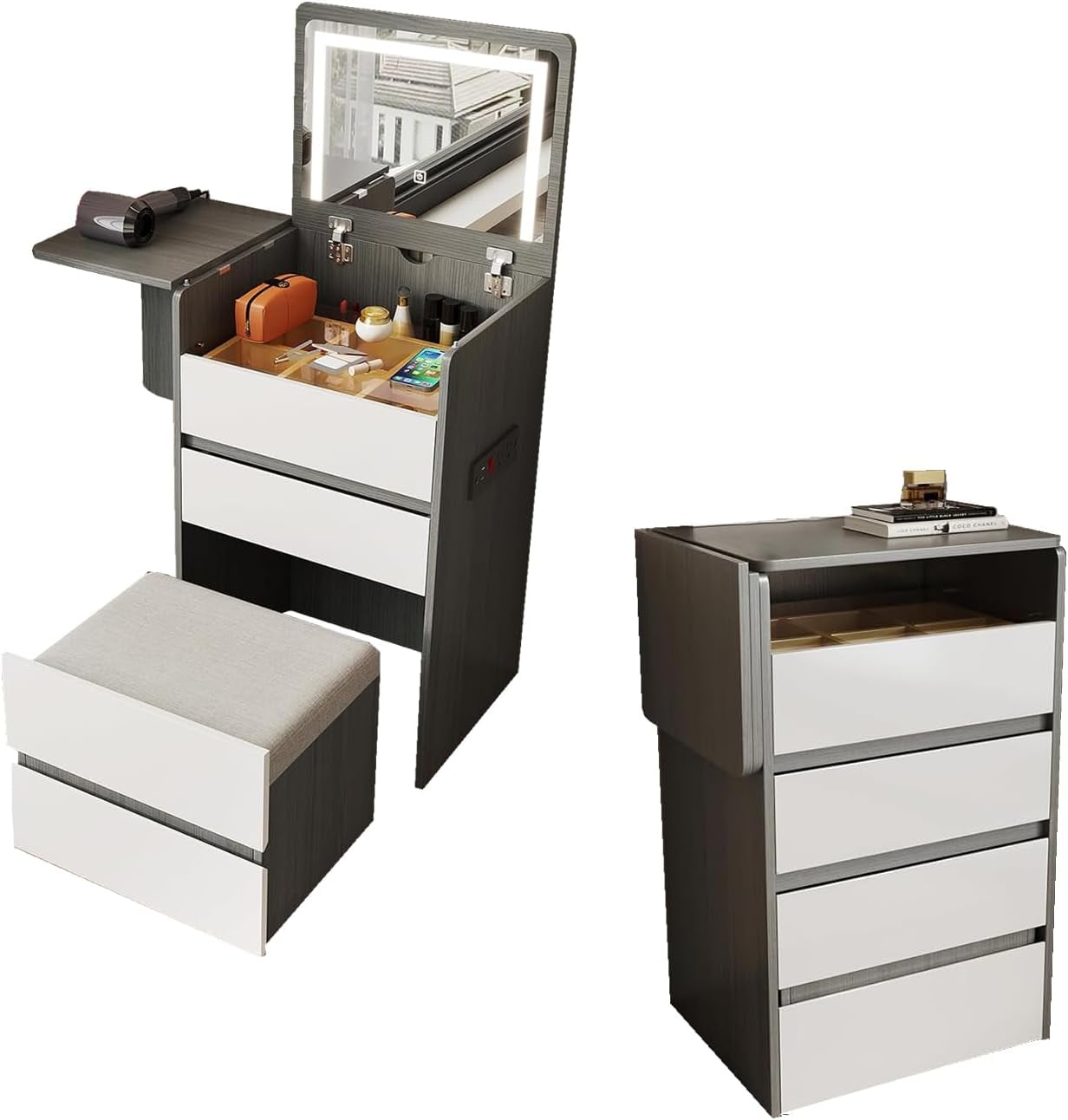 3-in-1 Vanity Desk with Mirror and Light, Compact Makeup Vanity with ...