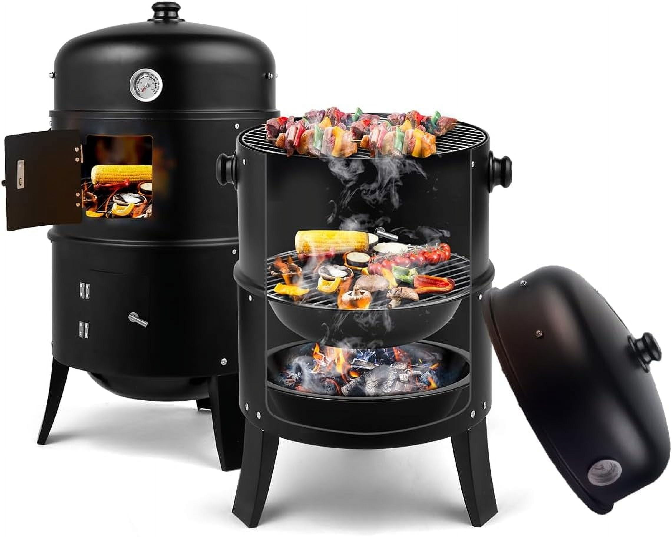 3-in-1 Vertical Charcoal Smoker, 16in BBQ Smoker Grill with Built-in ...