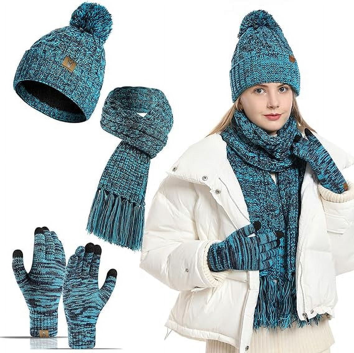 3 in 1 Winter Hat Neck Warm Scarf and Touch Screen Gloves Set for Women ...