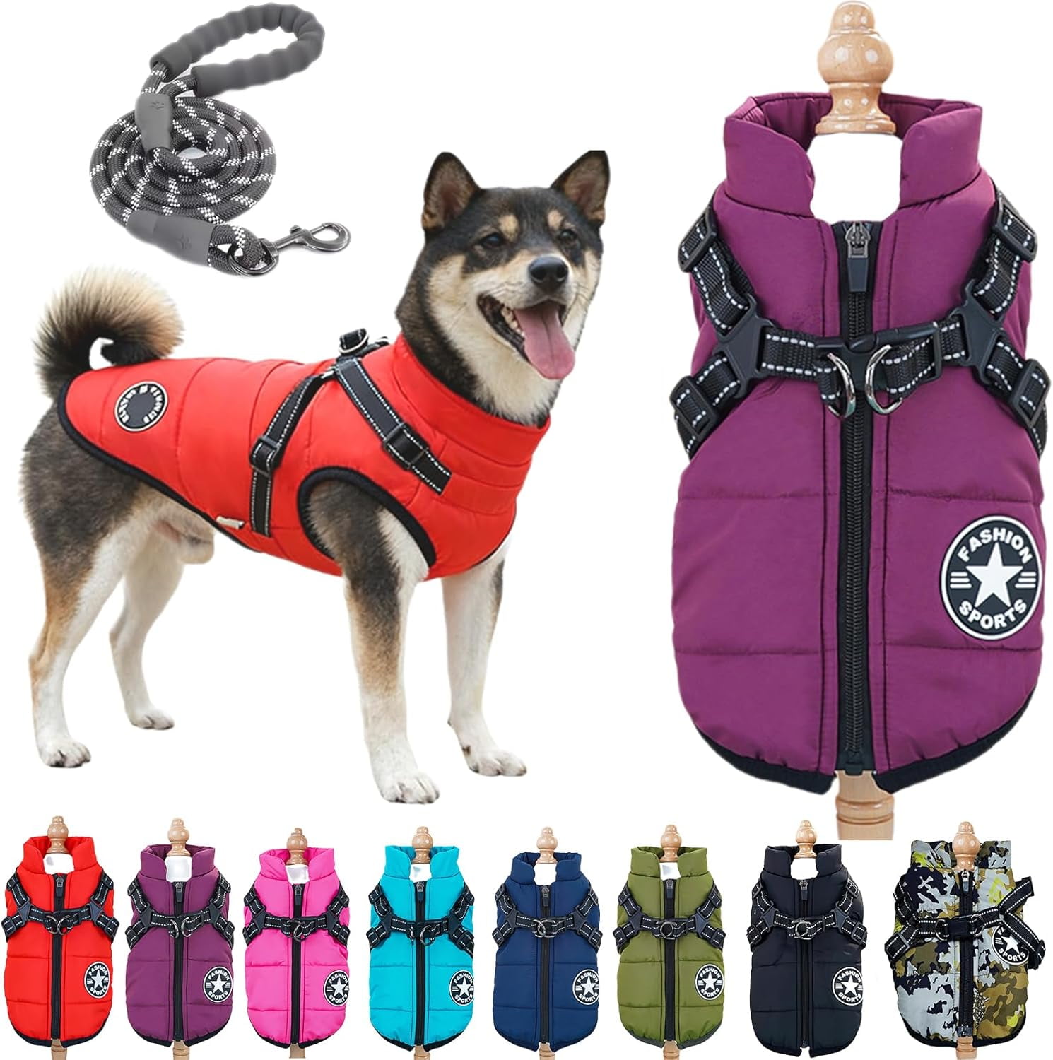 3 in 1 Winter Jacket, Fleece-Lined Dog Jacket with Harness, Waterproof ...